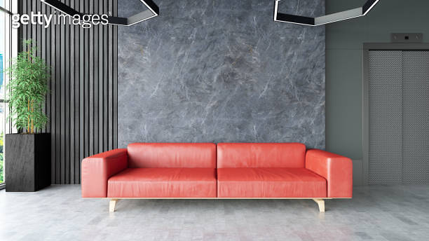 Modern Launge Waiting Room with a Red Leather Sofa and Empty Wall 이미지 ...