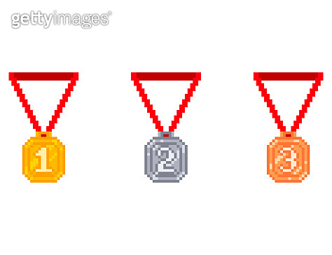Golden, silver and bronze medal 8-bit graphic icons. Vector ...