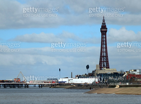 scenic view of blackpool from the south with waves breaking on the ...
