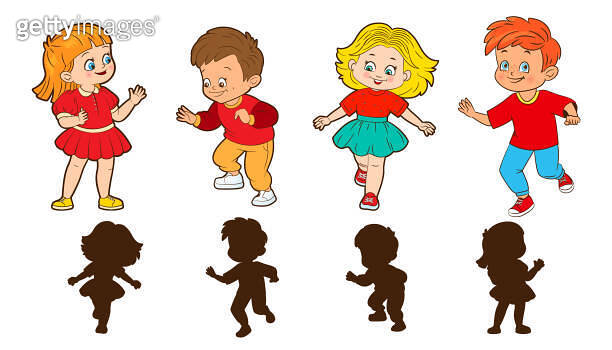 Girls and boys jump around playing hopscotch. Guess the shadow game ...