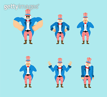 Uncle Sam set poses. Man happy and strong. sleeping and angry. guilty ...