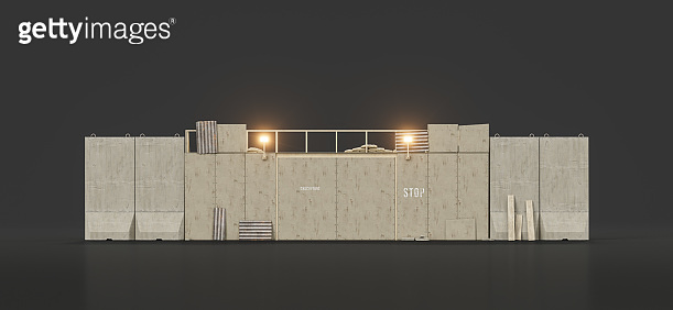 Concrete firewall, boundary wall with spotlights, military security ...