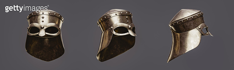 Three warrior helmets from 3 view angles, Old brass metal helm, 3d ...