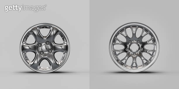 Shiny silver metallic alloy aluminum car rims isolated on white ...