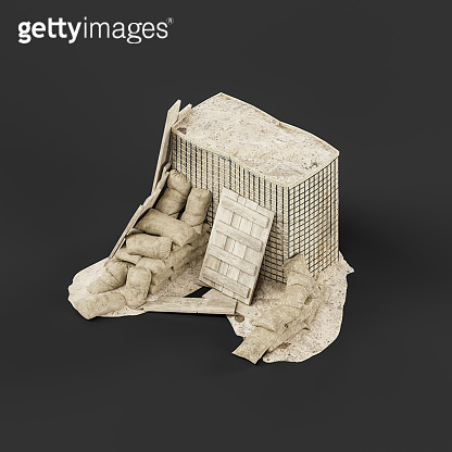 Isometric view Military sand blocks and military equipment pile, 3d ...