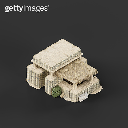 Isometric view Military sand blocks and military equipment pile, 3d ...