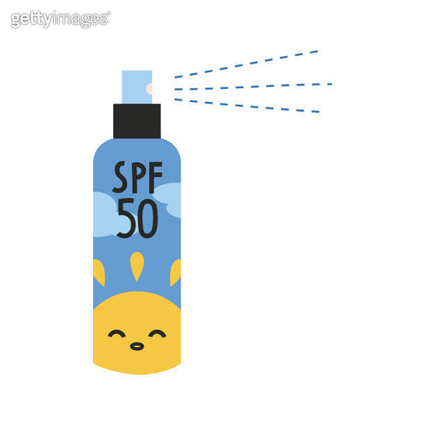 Sunscreen spray in bottle, SPF 50 in cartoon style. Protection for the ...