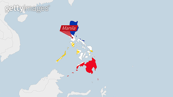 Philippines map highlighted in Philippines flag colors and pin of ...