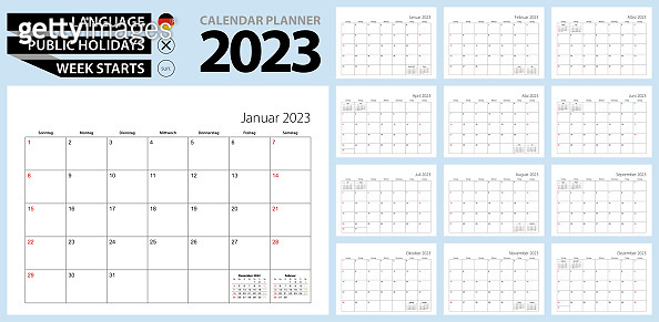 German calendar planner for 2023. German language, week starts from ...