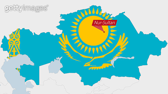 Kazakhstan map highlighted in Kazakhstan flag colors and pin of country ...