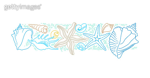 Vector frame, border, vignettes of line art tropical sea elements ...