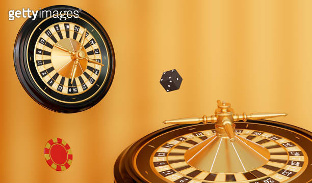 Realistic roulette wheel, playing dice and chips on gold abstract ...