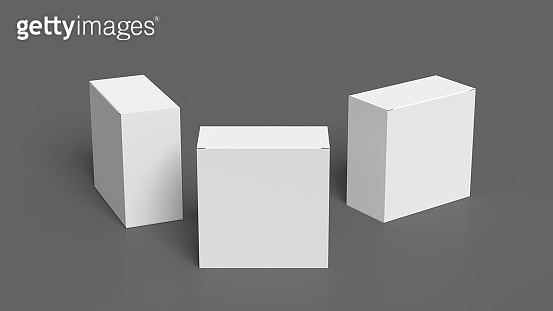 Three square boxes mock up. White gift boxes on gray background. Front ...