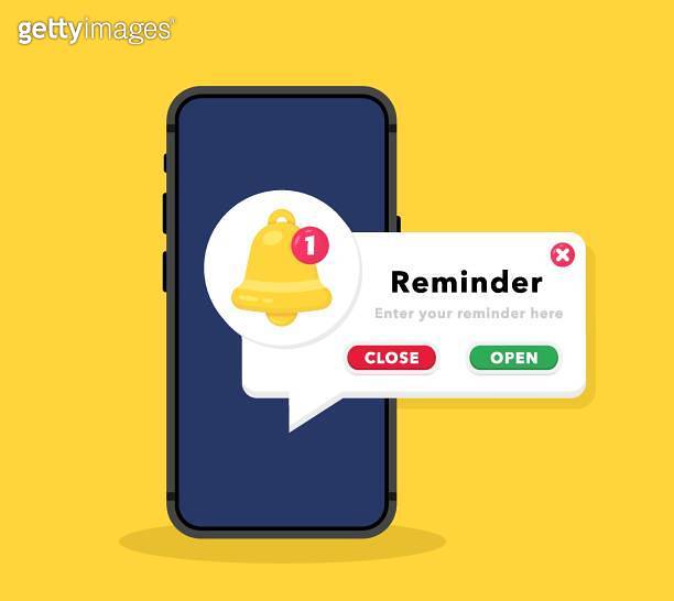 Smartphone with reminder message on screen. Notification page with ...