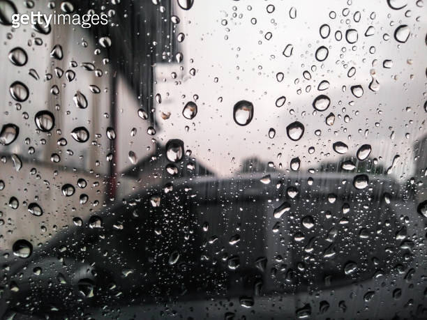 Rain drops on car windshield influence vehicle driving, storm weather ...
