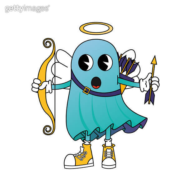 Halloween character ghost in angel costume with bow and arrow in 70s ...