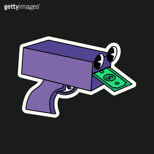 Funny groovy retro clipart purple toy gun with dollar bill (1695039847 ...