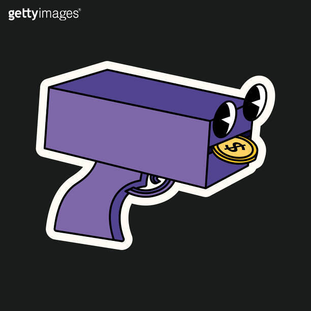 Funny groovy retro clipart purple toy gun with gold coin (1695039862 ...