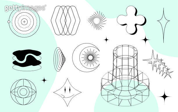 Universal trendy Y2K abstract geometric shapes. Set with random ...