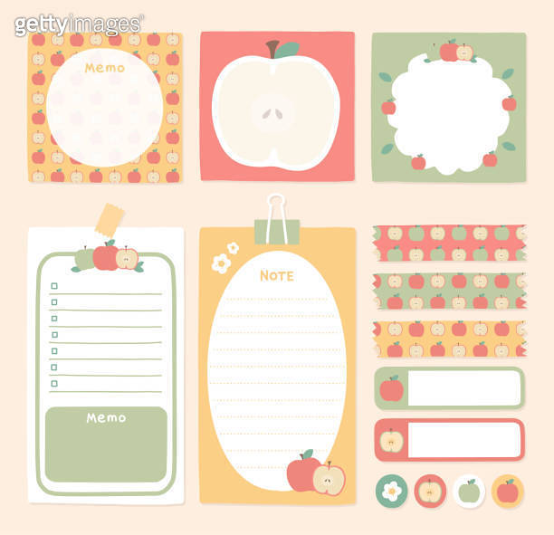 Apple paper notes, stickers, sticky sheets and tape. Vector set of ...