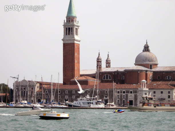 Exterior side view of San Giorgio Cathedral in Venice, Italy with ...