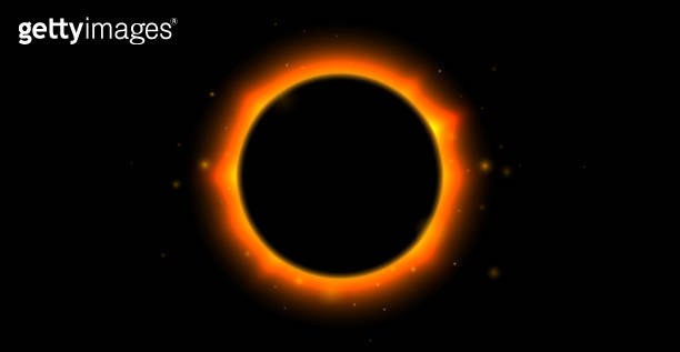 Sun full eclipse concept. Red orange solar glow background. Moon or ...
