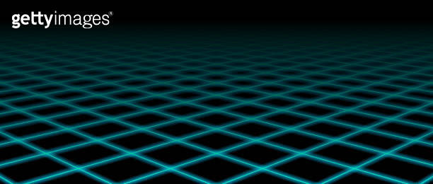 Glowing blue neon wireframe horizon background. Grid room floor vanishing in perspective. Bright ...