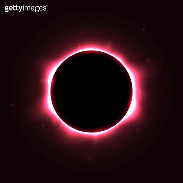 Sun full eclipse concept. Red solar glow background. Moon or planet ...