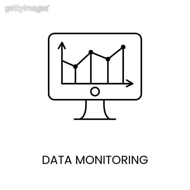Data monitoring, computer monitor screen with graph, vector line icon ...