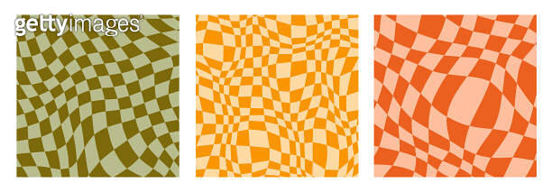 Groovy checkerboard background set. Colorful retro wavy checkered pattern collection. Vintage ...