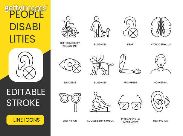 Disabled people, vector line icons set with editable stroke, wheelchair ...