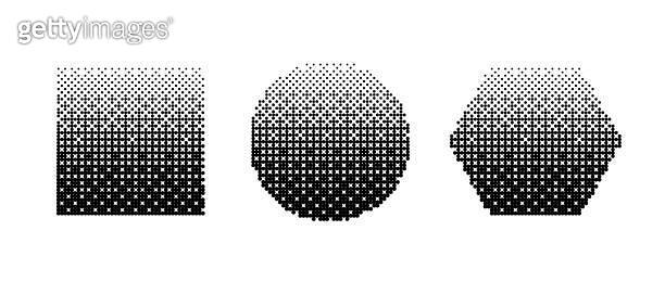 Geometric shapes bitmap set. Dither gradient forms collection. Circle, square, hexagon elements ...