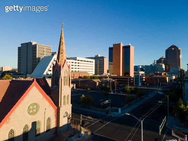 Aerial View Cityscape and Skyscrapers of Albuquerque New Mexico at Dusk ...