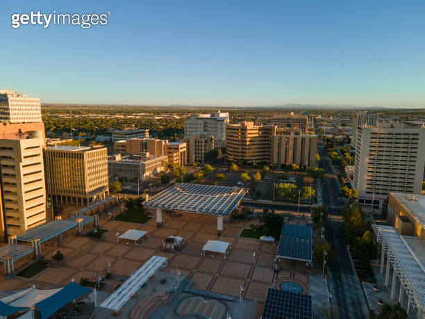 Aerial View Cityscape and Skyscrapers of Albuquerque New Mexico at Dusk ...
