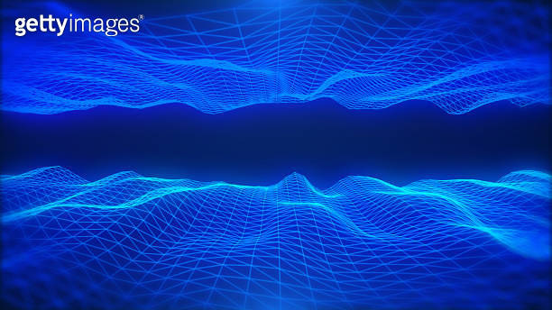 Abstract technology futuristic blue dynamic wave data flowing landscape ...