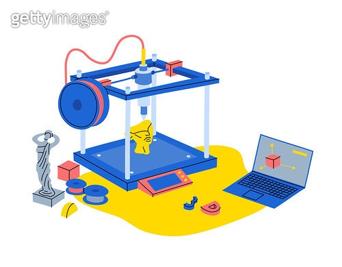 Cartoon Color 3d Printer Printed Sculpture Concept. Vector 이미지 ...