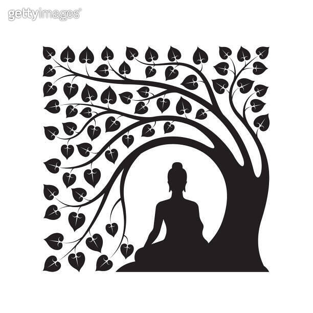 Black Buddha Meditation sit under bodhi tree with leafs abstract modern ...