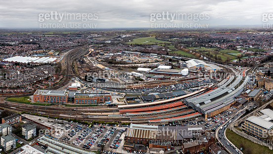 Aerial view of York railway station and Network Rail ROC 이미지 ...
