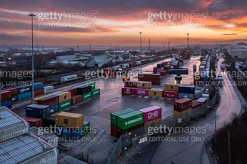 Aerial view of shipping containers at Leeds Freightliner Intermodal ...