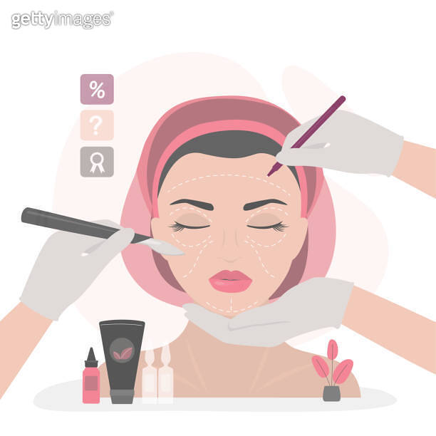 Facelift, face plastic procedure. Plastic surgery, lifting contour skin ...