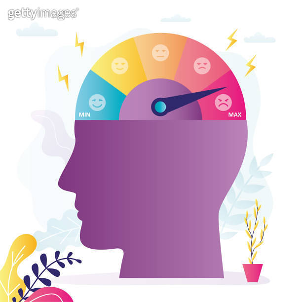 Stress measurement scale in head. Stressmeter shows high tension level ...