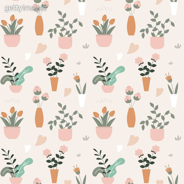 House plants seamless pattern. Trendy home decor with plants, texture ...
