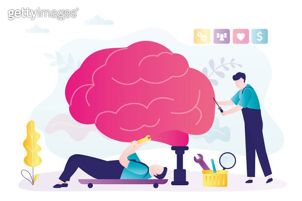 Team of doctors with instruments fixing and repair brain. Group of ...