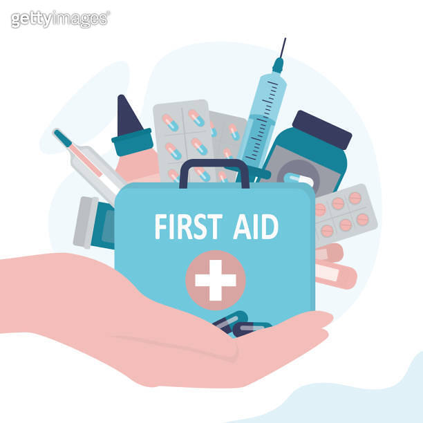 Hand holds first aid kit. Doctor uses medical equipment, drugs and ...