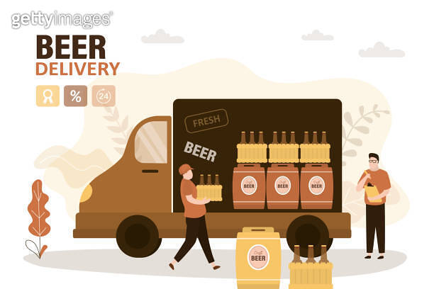 Workers load fresh beer into truck. Beer delivery, van full of kegs ...