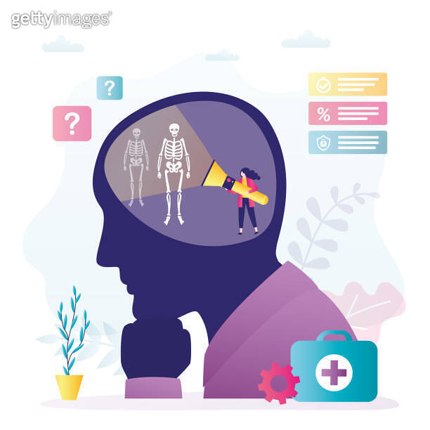 Woman psychologist in head of man illuminate mind with flashlight ...