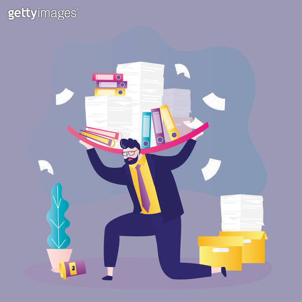 Office worker swamped with paperwork. Overworked businessman with heavy ...