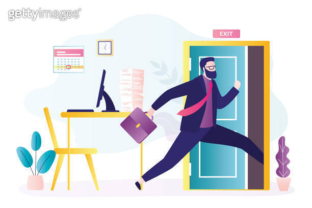Male employee runs out of office. Exit, open doors, businessman runs ...