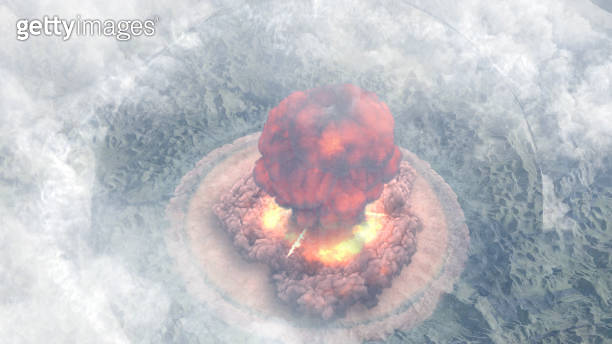 Nuclear explosion with large shockwave on green wide landscape, 이미지 ...