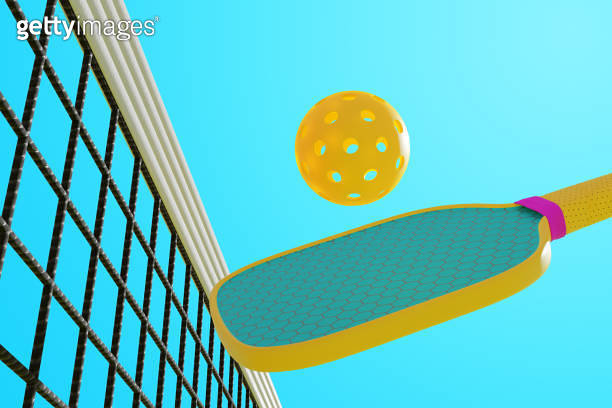 Pickleball racket hits the ball at the sports net on the court. 3D ...